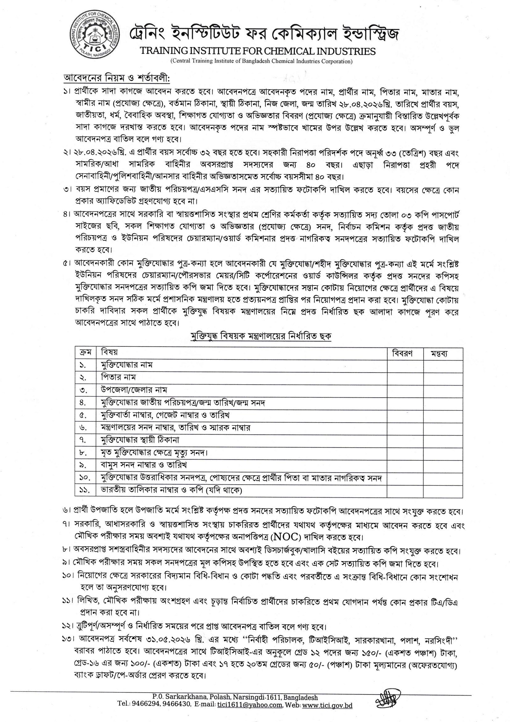 Training Institute for Chemical Industries (TICI) Job Circular 2026 ...